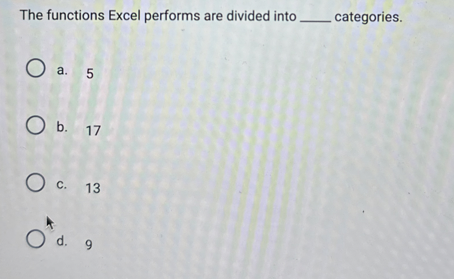 Solved The functions Excel performs are divided | Chegg.com