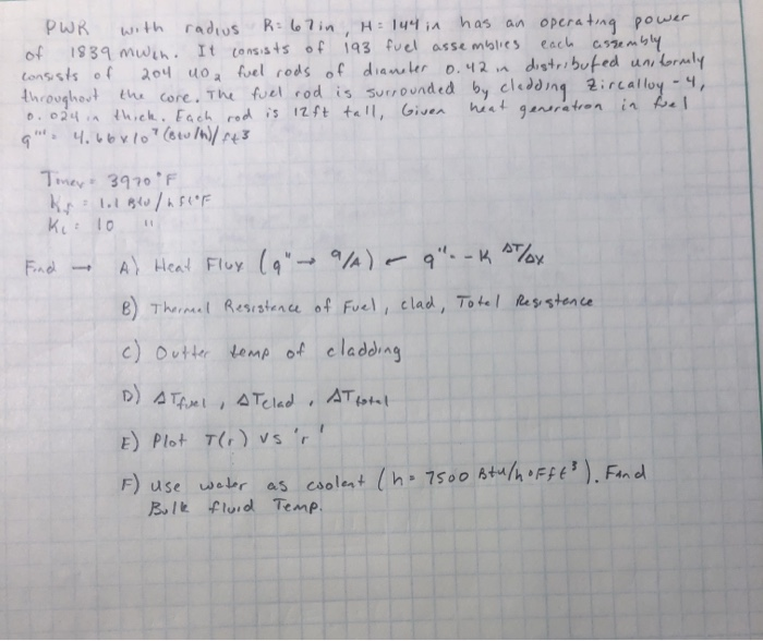 PWR with radius R: 67 in H: 144 in has an operating | Chegg.com