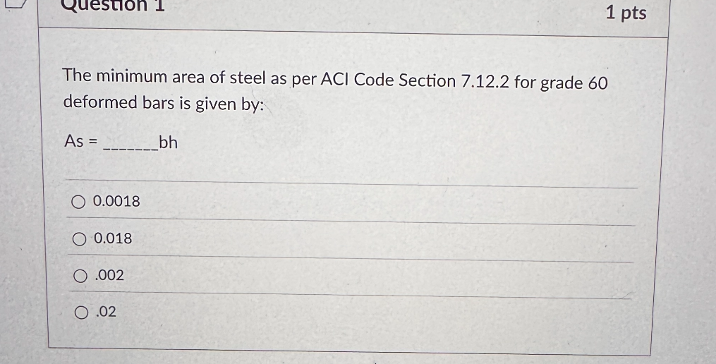Solved The minimum area of steel as per ACI Code Section | Chegg.com