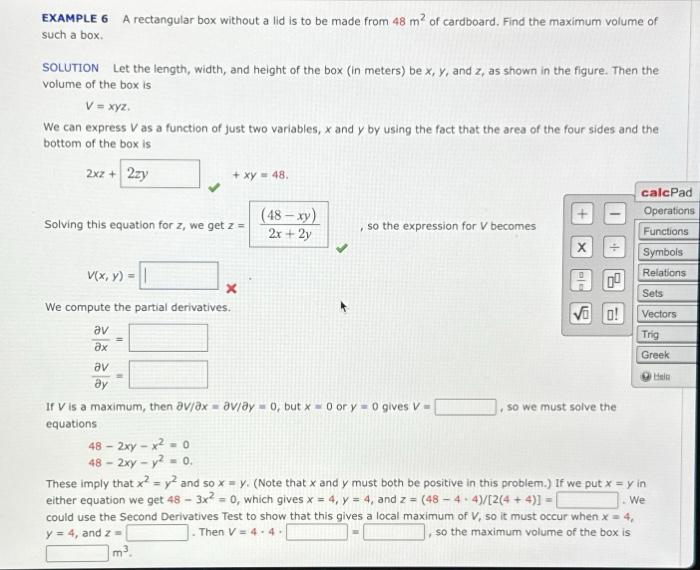 Solved EXAMPLE 6 A rectangular box without a lid is to be | Chegg.com