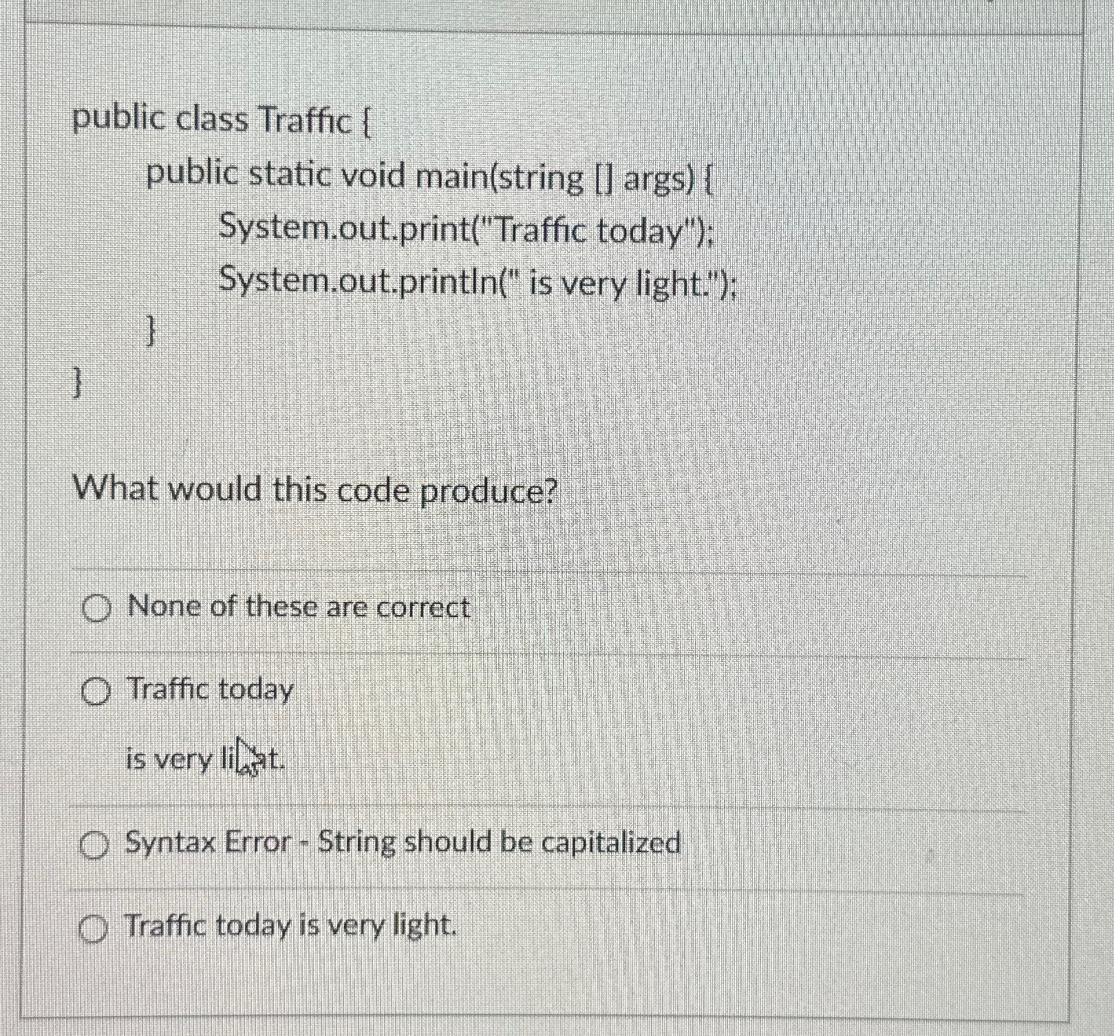 Solved public class Traffic {\\npublic static void | Chegg.com
