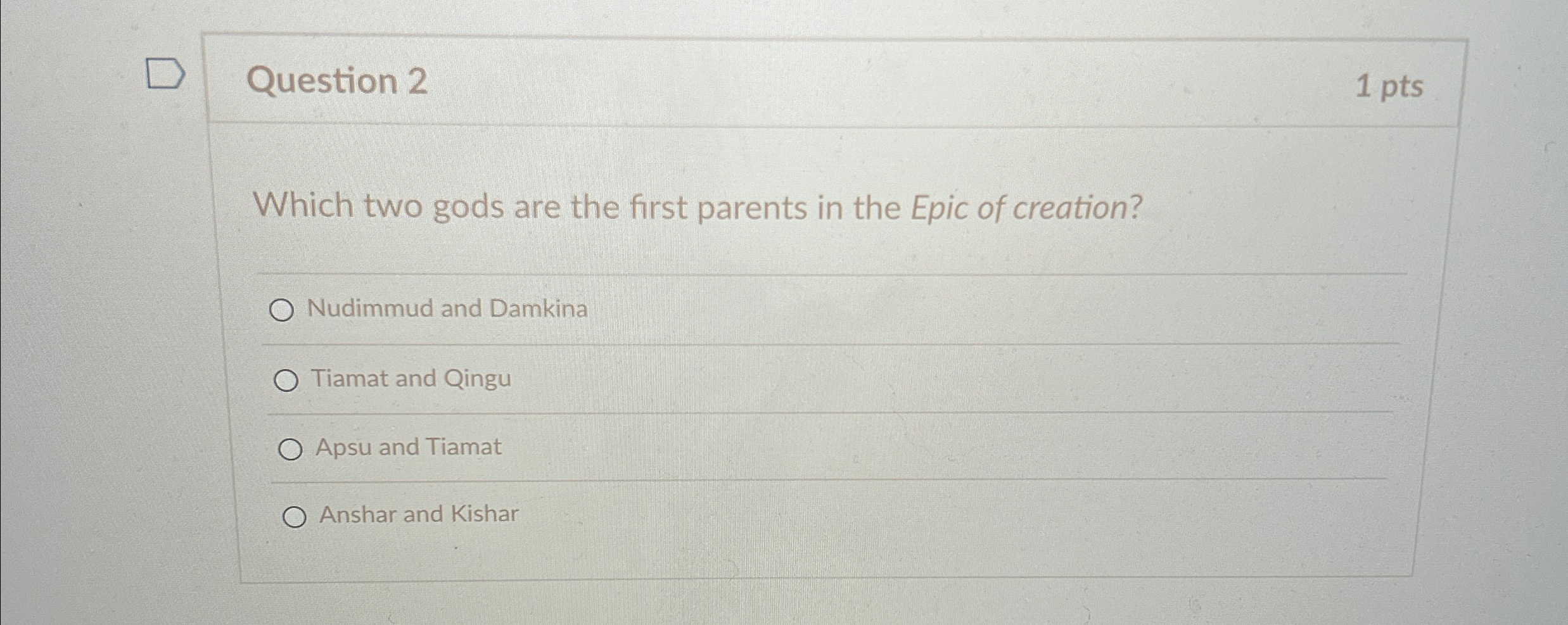 Solved Question 21ptsWhich two gods are the first parents in | Chegg.com