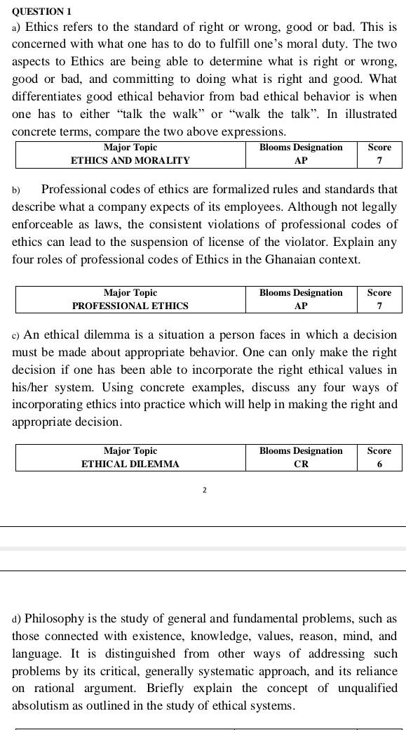 QUESTION 1 a) Ethics refers to the standard of right | Chegg.com