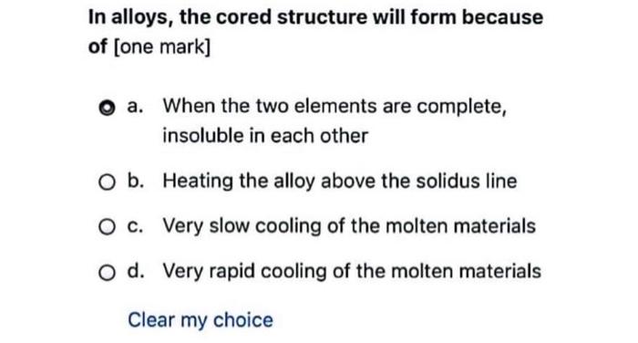 Solved In alloys, the cored structure will form because of | Chegg.com