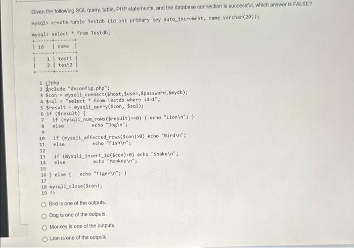 Solved Given the following SQL query, table, PHP statements, | Chegg.com