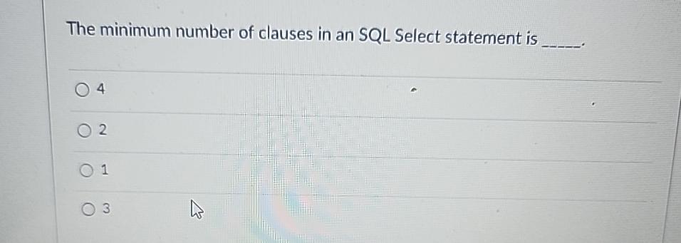Solved The minimum number of clauses in an SQL Select | Chegg.com