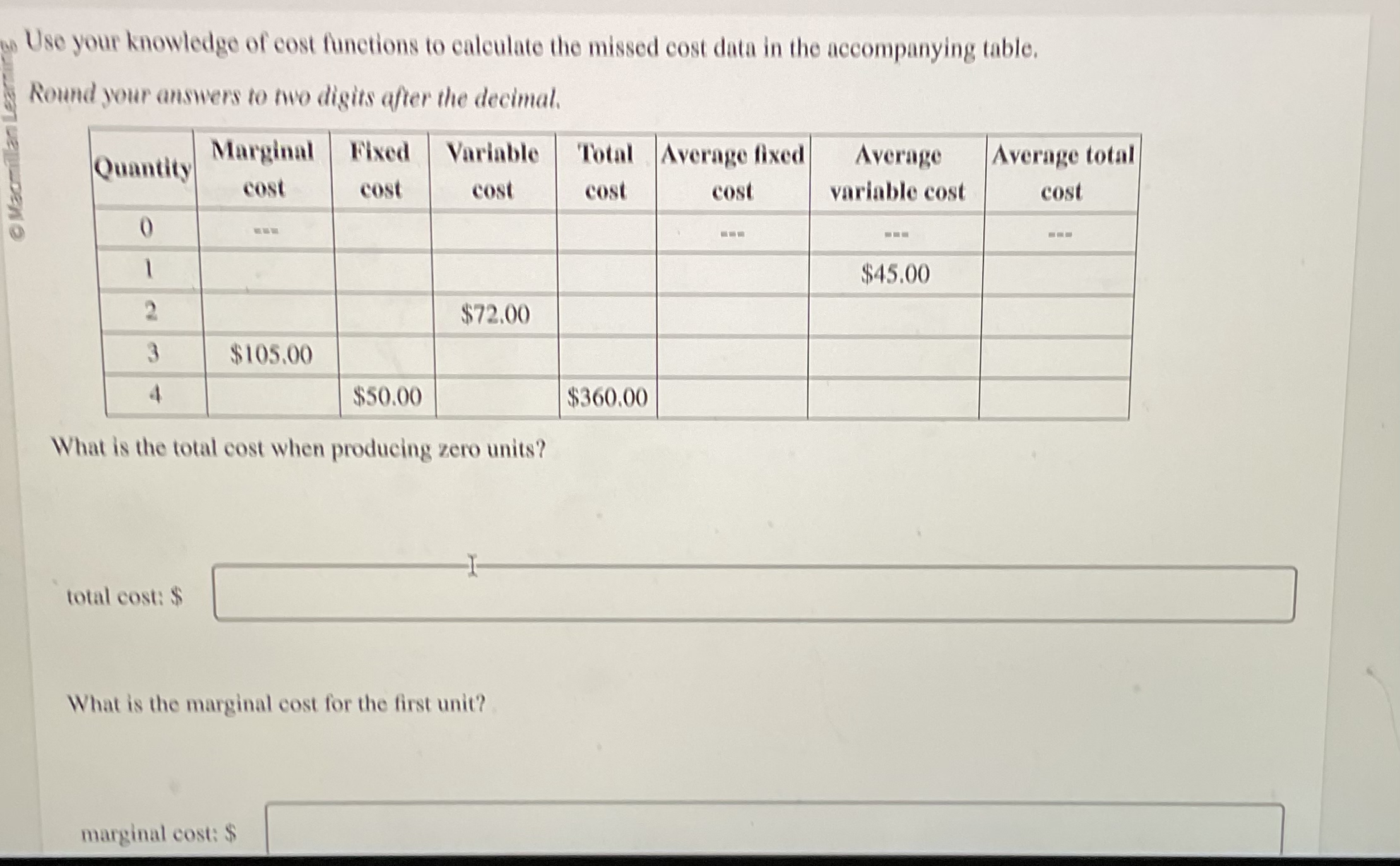 Solved Use your knowledge of cost functions to calculate the | Chegg.com