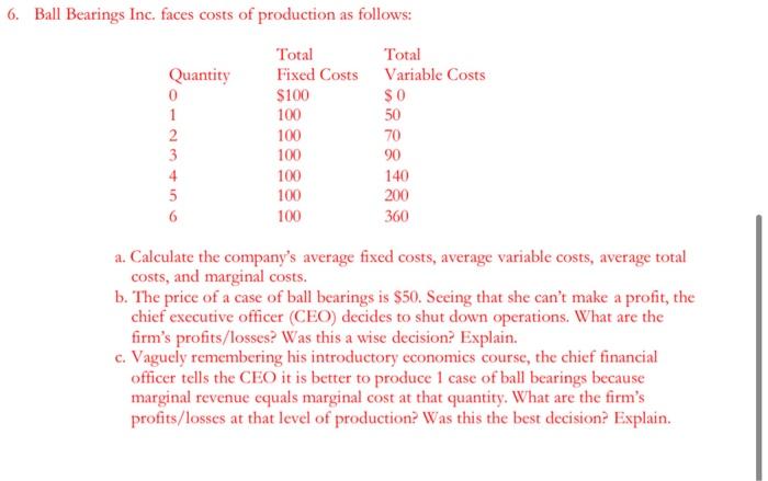 Solved 6. Ball Bearings Inc. faces costs of production as | Chegg.com