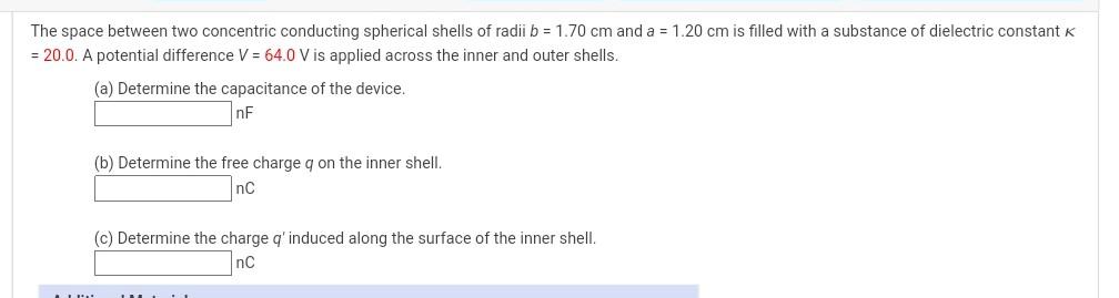 Solved The space between two concentric conducting spherical | Chegg.com