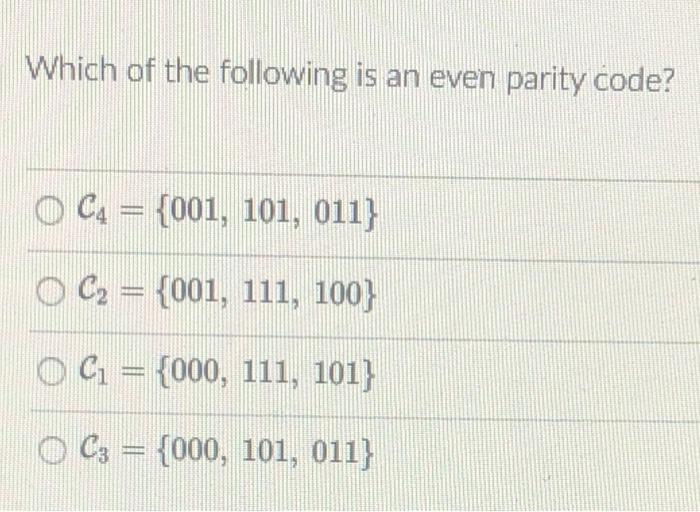 Solved Which of the following is an even parity code? | Chegg.com