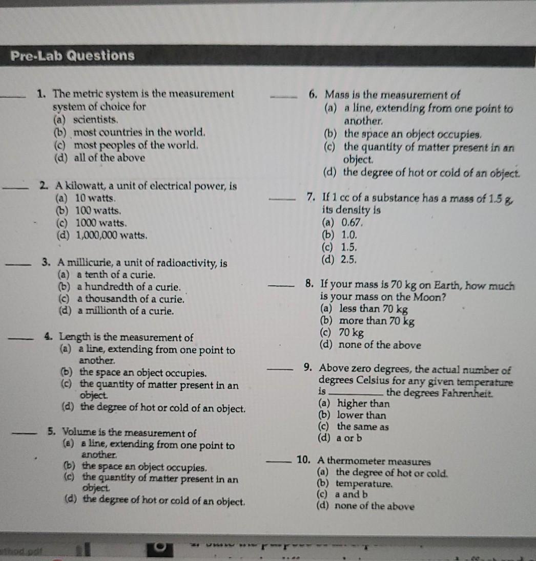 Solved Pre-Lab Questions 1. The metric system is the | Chegg.com