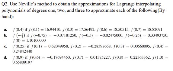 Q2. ﻿Use Neville's method to obtain the | Chegg.com