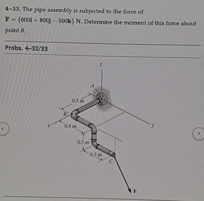 Solved 4-33. The pipe assembly is subjected to the force of | Chegg.com