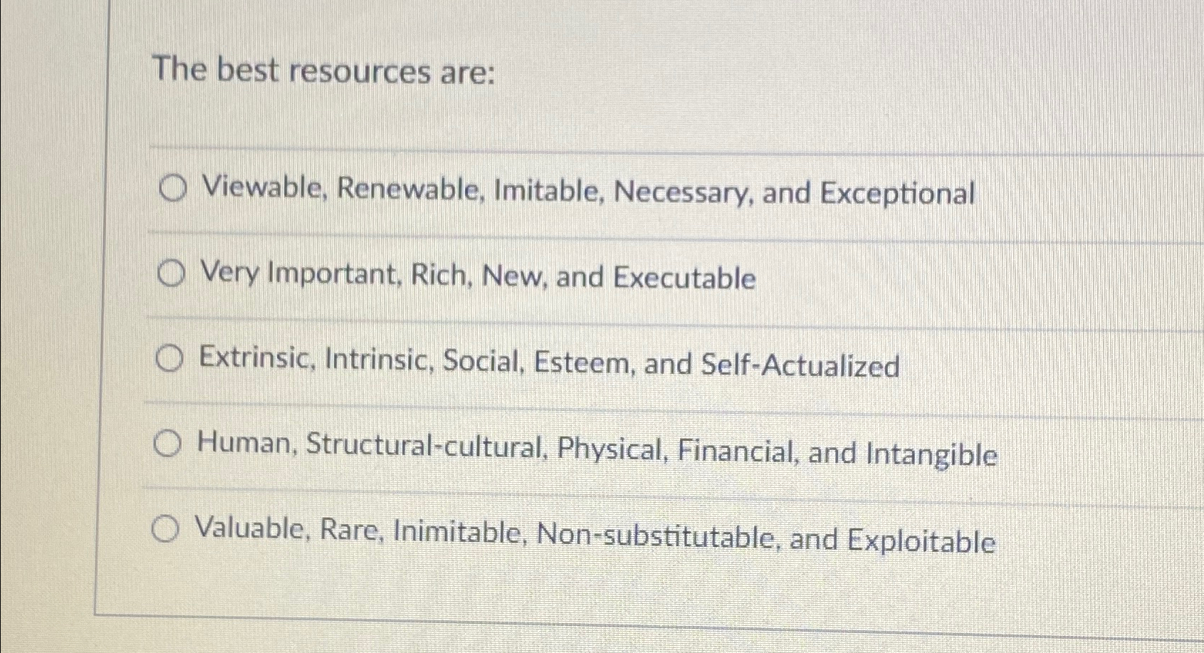 Solved The best resources are:Viewable, Renewable, Imitable, | Chegg.com