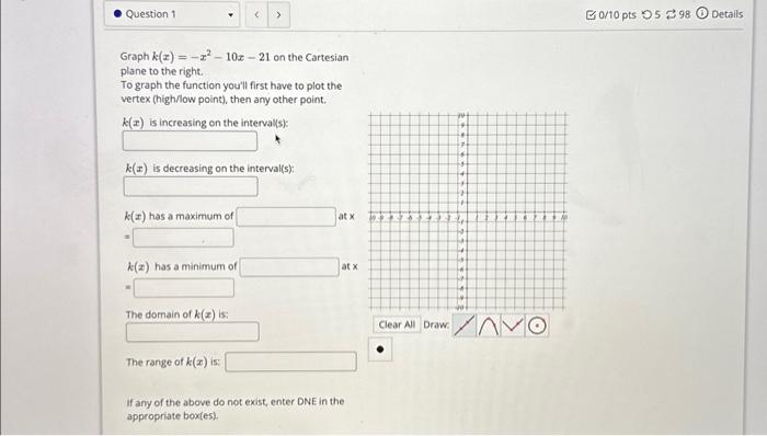 Solved Graph k(x)=−x2−10x−21 on the Cartesian plane to the | Chegg.com
