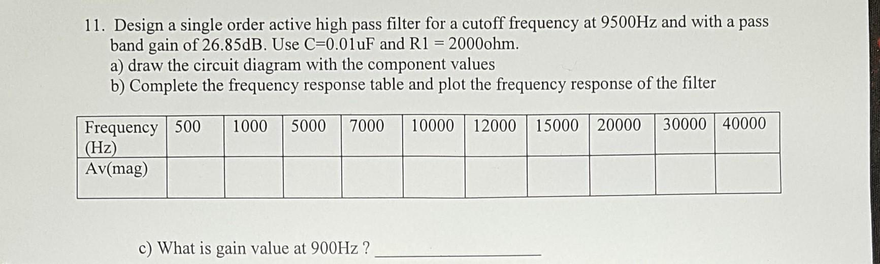 Solved 11. Design a single order active high pass filter for | Chegg.com