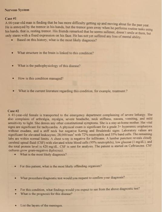 Solved Nervous System Case 1 A 66-year-old man is finding | Chegg.com