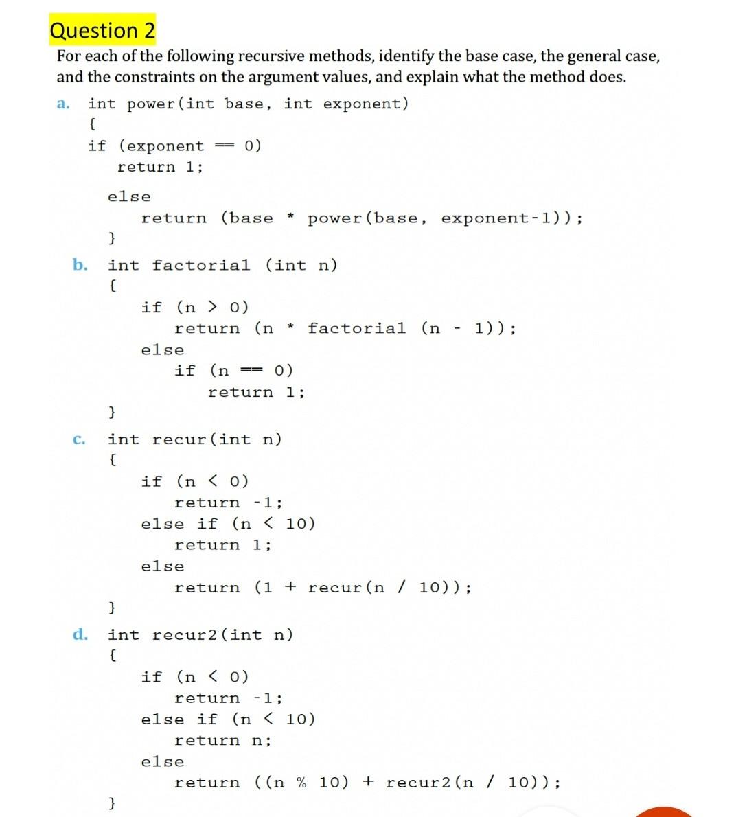 Solved Question 2 For each of the following recursive | Chegg.com