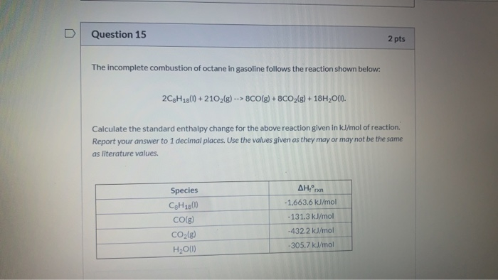 Solved Question 15 2 pts The incomplete combustion of octane | Chegg.com
