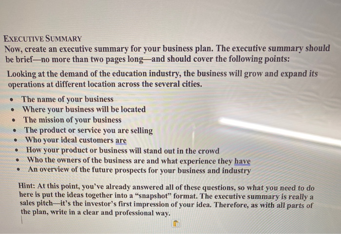 EXECUTIVE SUMMARY Now, create an executive summary | Chegg.com