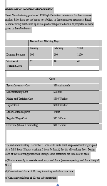 Solved EXERCICE ON AGGREGATE PLANNING Excel Manufacturing | Chegg.com