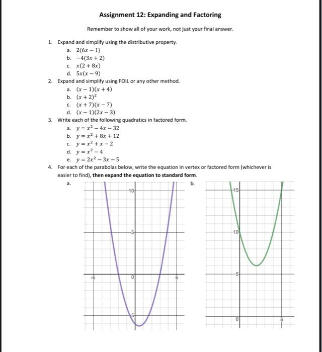 Solved Assignment 12: Expanding and Factoring Remember to | Chegg.com