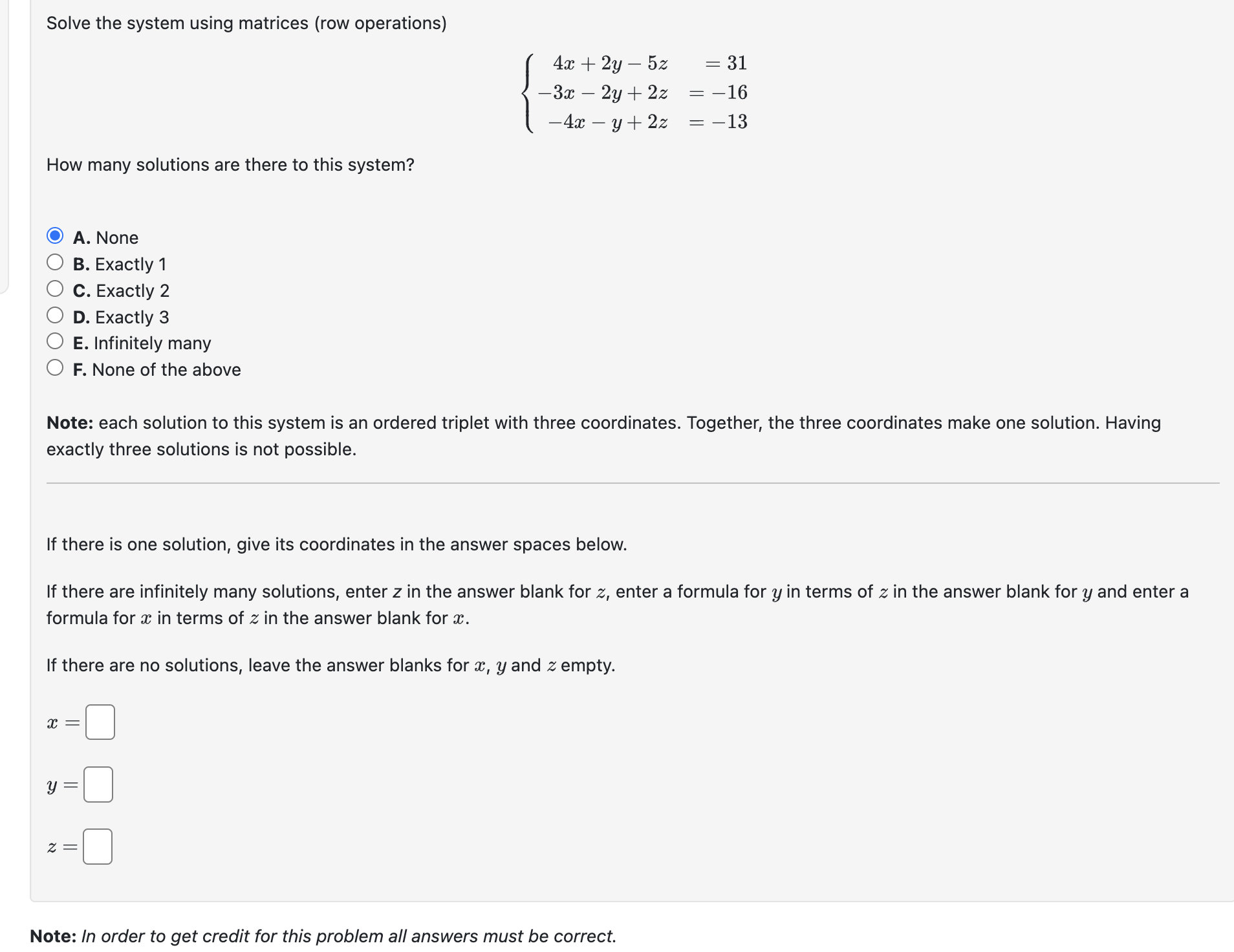 Solved Solve the system using matrices (row | Chegg.com