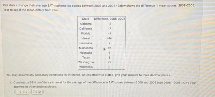 Solved Did states change their average SAT mathematics | Chegg.com