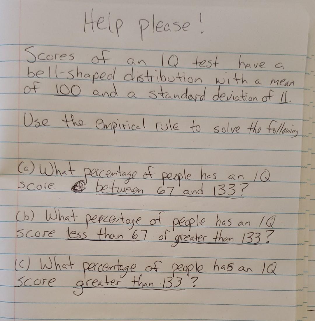 Solved Scores of an 1Q test have a bell-shaped distribution | Chegg.com
