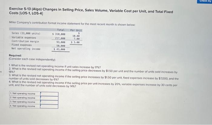 Solved Exercise 5-13 (Algo) Changes in Selling Price, Sales | Chegg.com