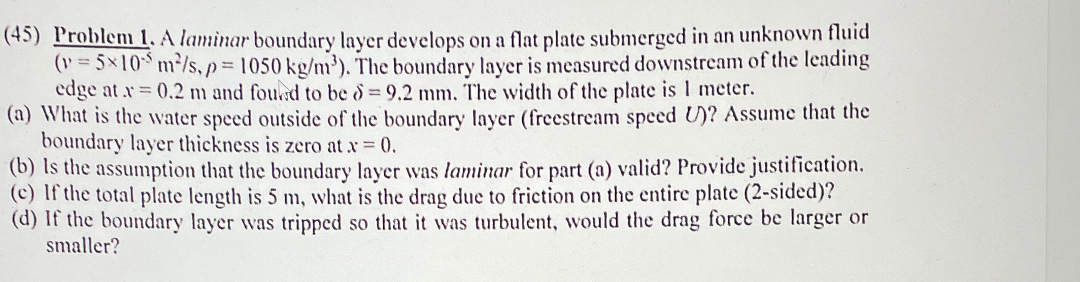 Solved (45) ﻿Problem 1. ﻿A laminar boundary layer develops | Chegg.com