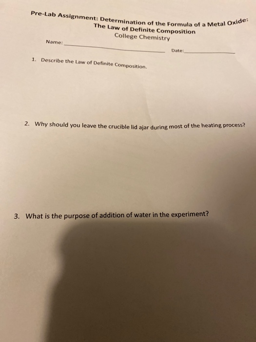 Solved Pre-Lab Assignment: Determination of the Formula of a | Chegg.com