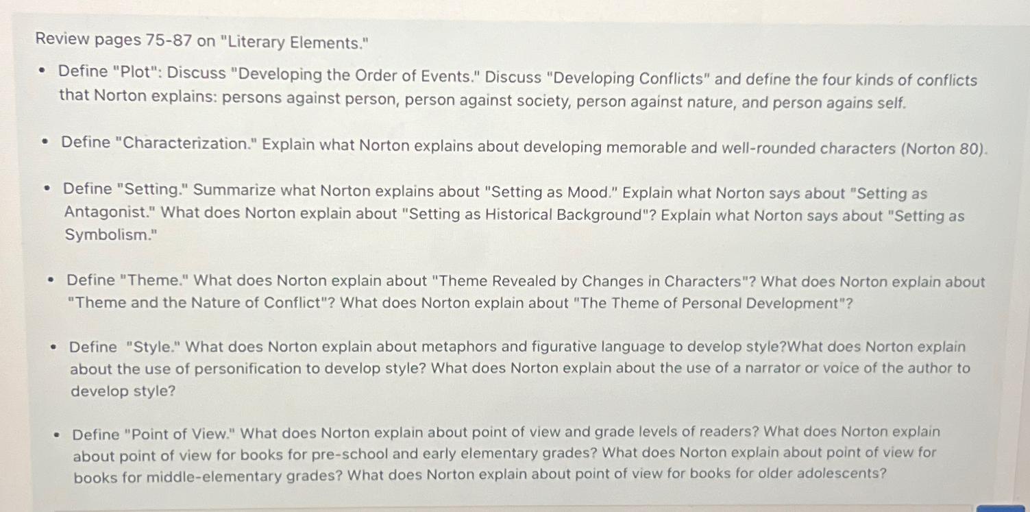 Solved Review pages 75-87 ﻿on "Literary Elements."Define | Chegg.com