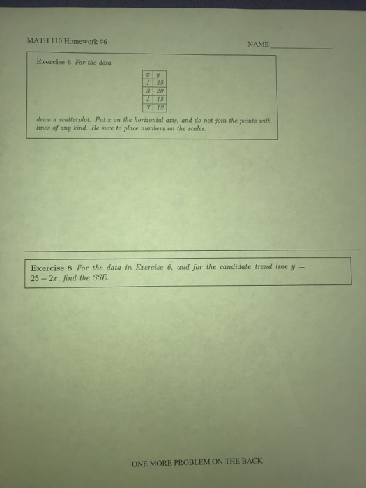 Solved MATH 110 Homework #6 NAME: Exercise 6 For the data | Chegg.com