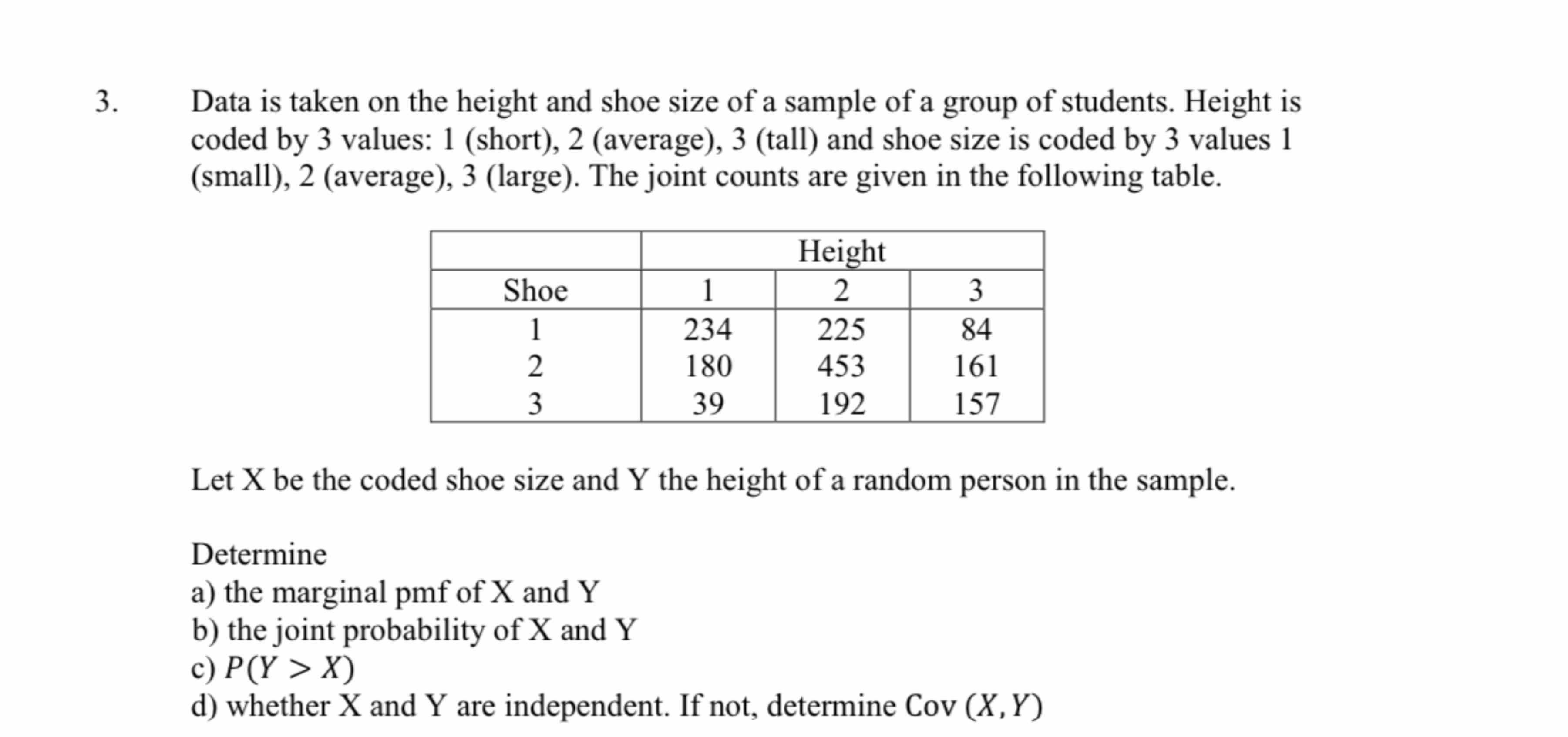 Solved Data is taken on the height and shoe size of a sample | Chegg.com