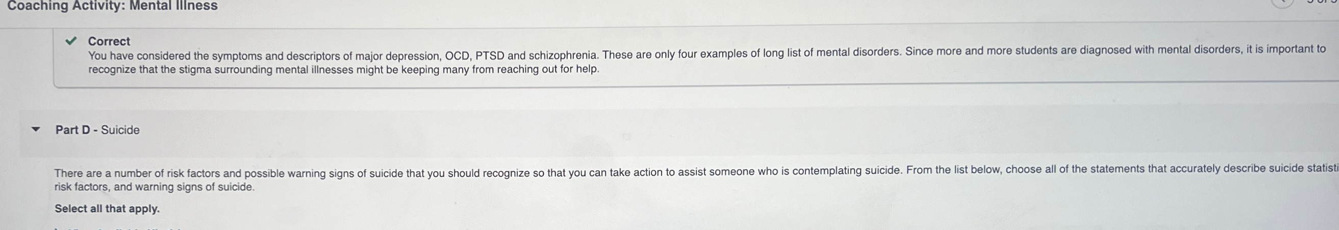 Solved Coaching Activity: Mental IllnessCorrect recognize | Chegg.com