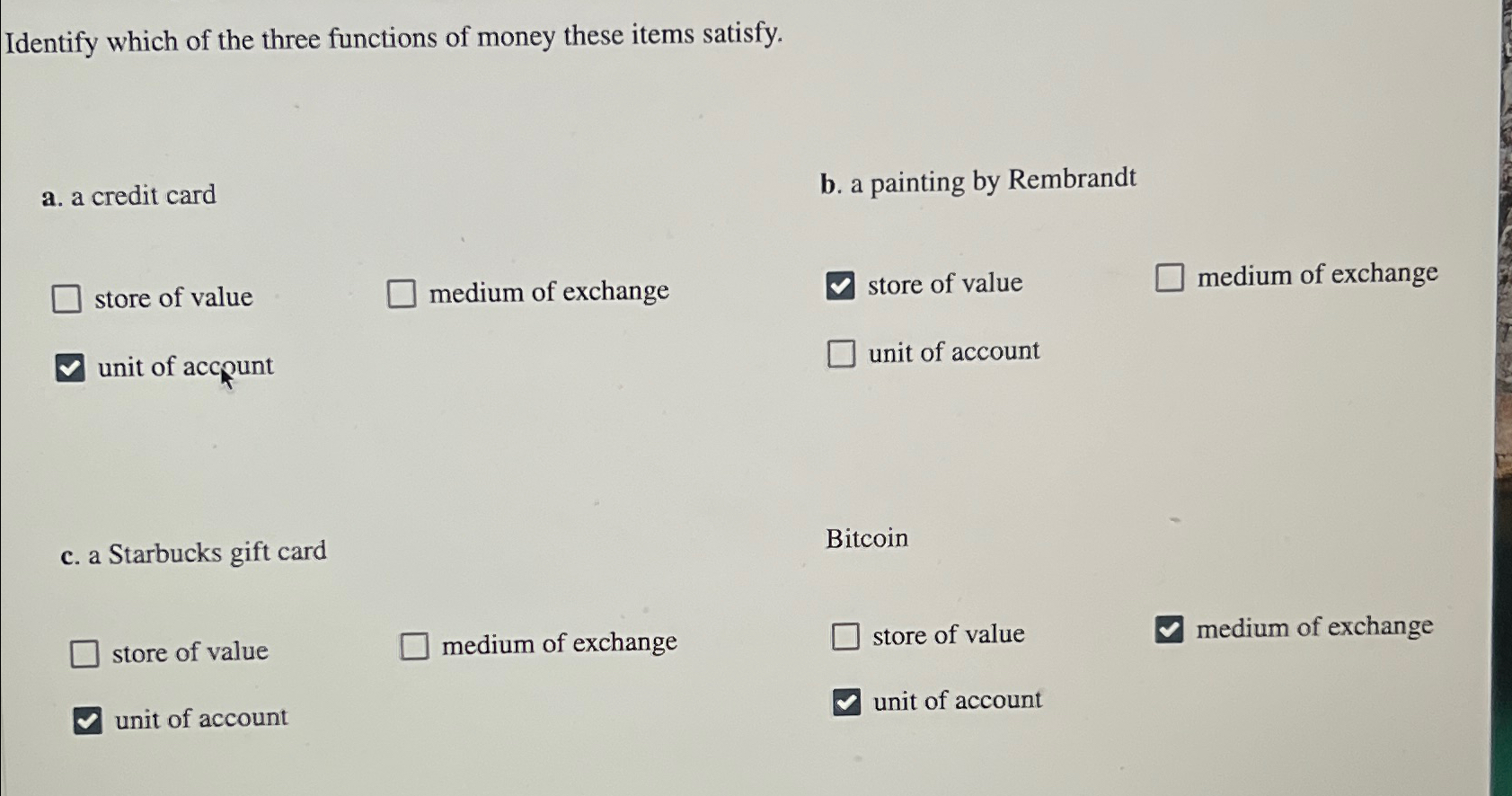 Solved Identify which of the three functions of money these | Chegg.com