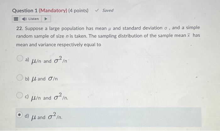 Solved 22. Suppose a large population has mean \\( \\mu \\) | Chegg.com