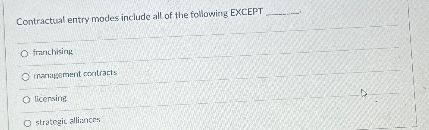 Solved Contractual entry modes include all of the following | Chegg.com