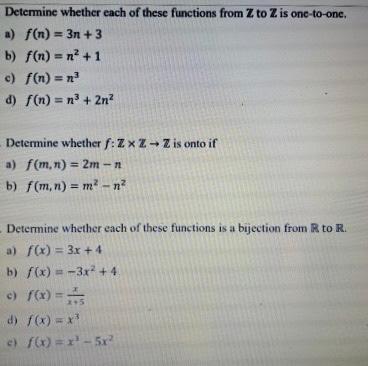 Solved Detemine whether each of these functions from Z to Z | Chegg.com