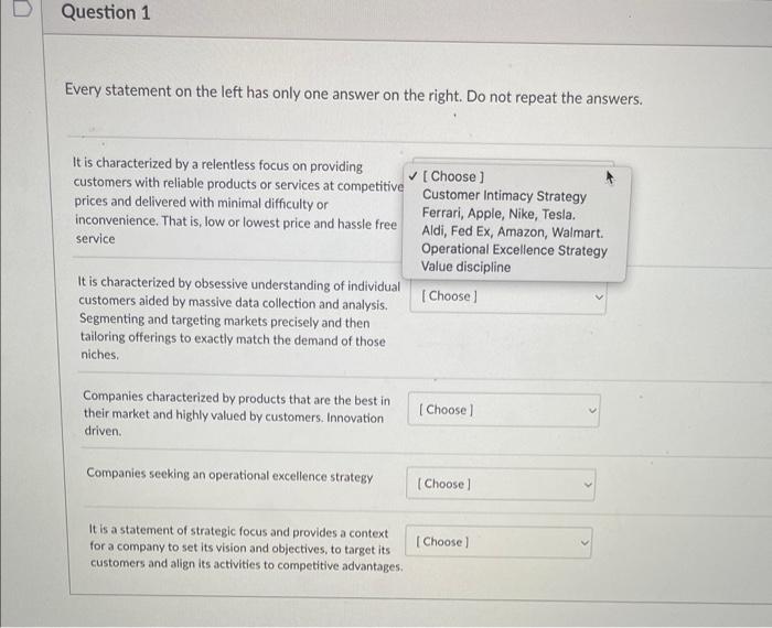 Solved Every statement on the left has only one answer on | Chegg.com