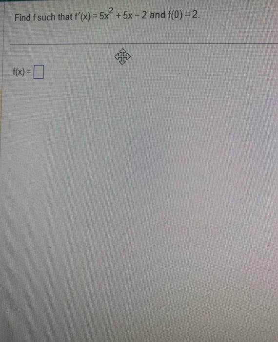 Solved Find f such that f′(x)=5x2+5x−2 and f(0)=2 f(x)= | Chegg.com