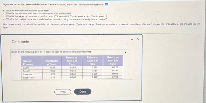 Solved Expected return and standard deviation. Use the | Chegg.com