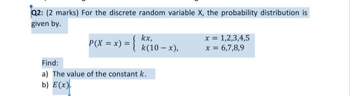 Solved Q2: (2 marks) For the discrete random variable X, the | Chegg.com
