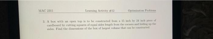 Solved MAC 2311 Learning Activity 12 Optimization Problem 3. | Chegg.com