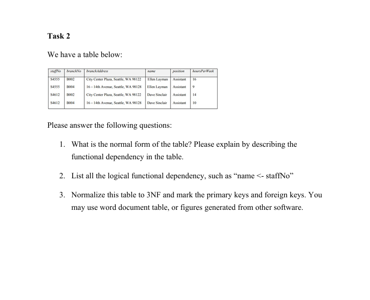 Solved Task 2We have a table below:Please answer the | Chegg.com