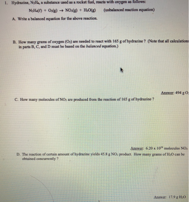 Solved 1. Hydrazine, N,H, a substance used as a rocket fuel, | Chegg.com