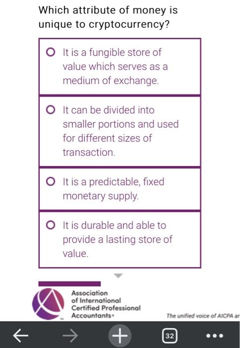 Solved Which attribute of money is unique to cryptocurrency? | Chegg.com