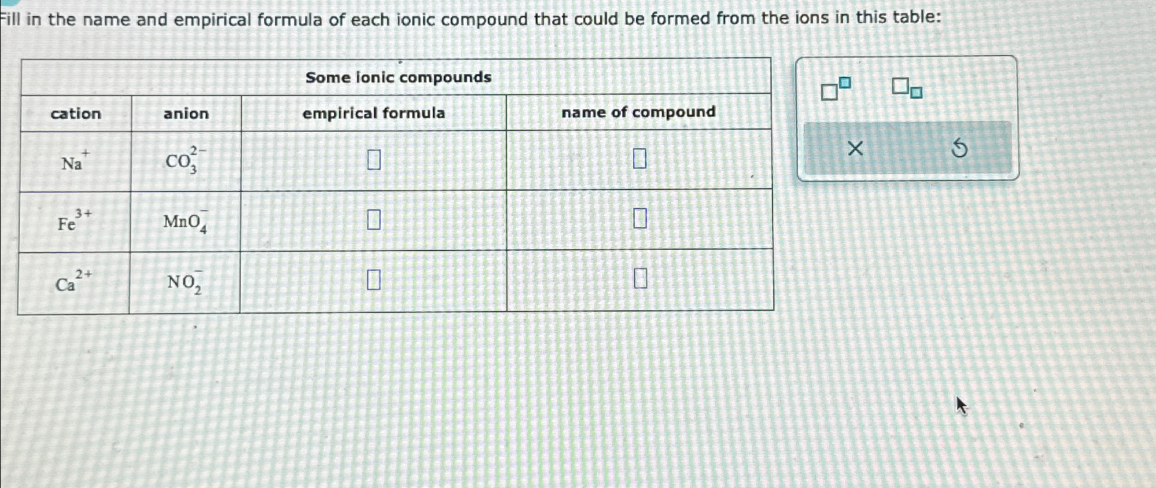 Solved Fill in the name and empirical formula of each ionic | Chegg.com