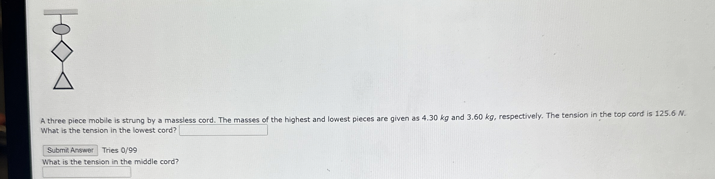 Solved A three piece mobile is strung by a massless cord. | Chegg.com
